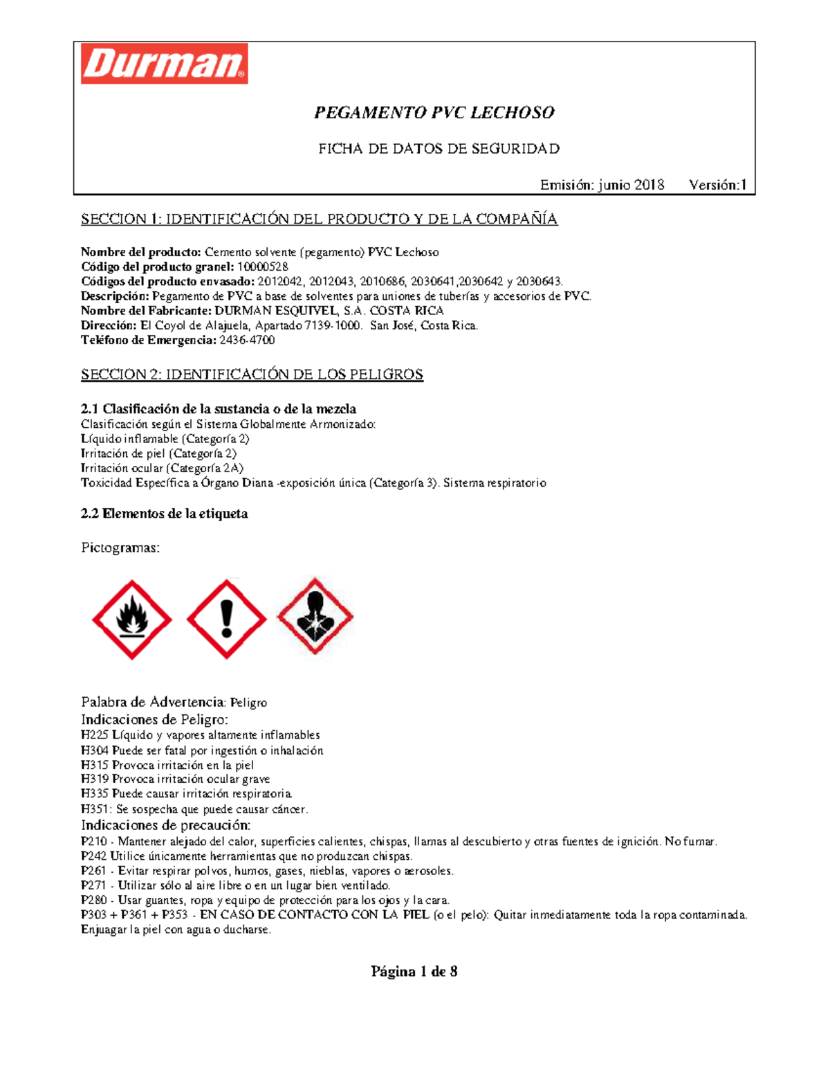 FDS de Pegamento PVC Durman: Precauciones y Composición Detallada - Studocu