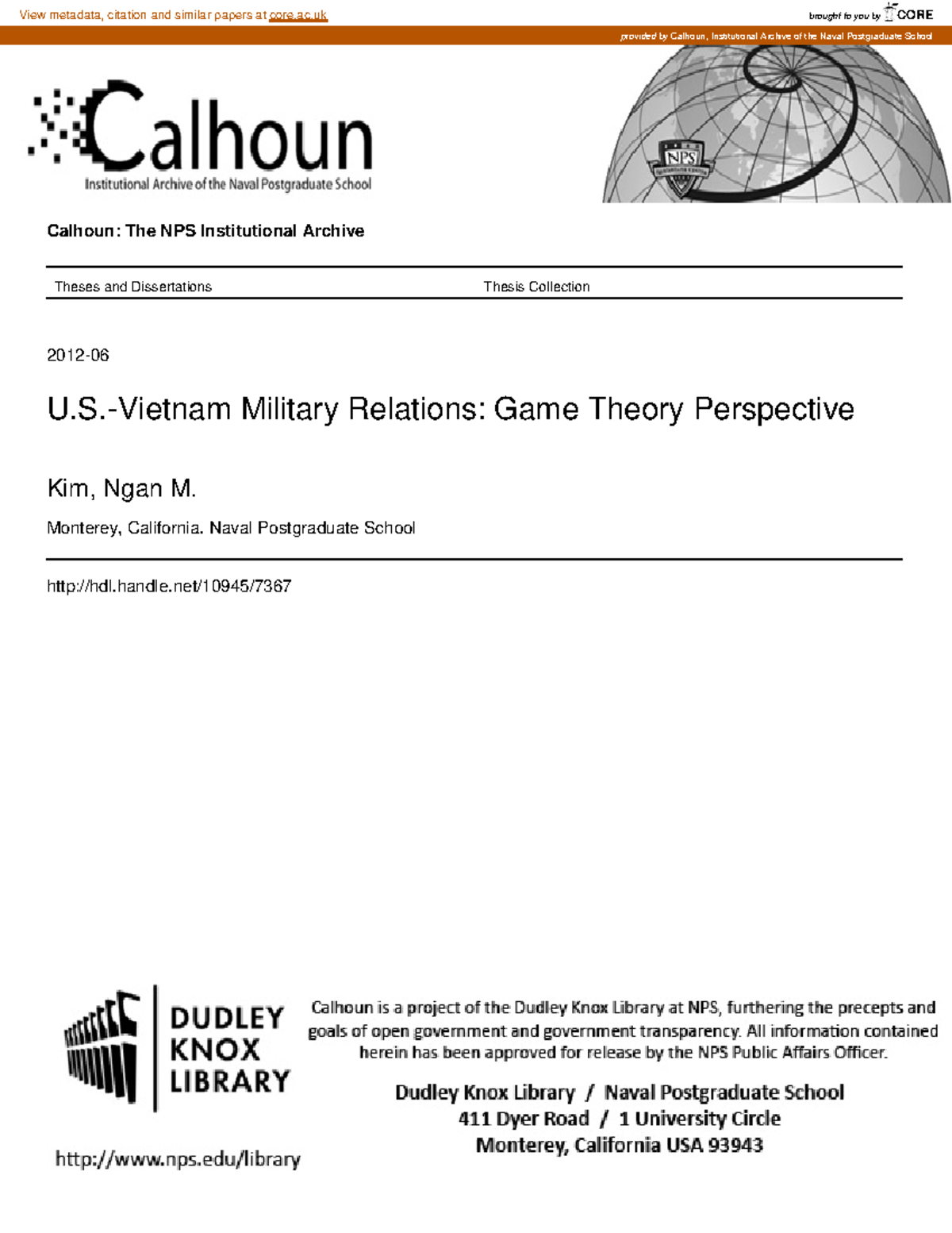 U S Vietnam Military Relations Game Theo - Calhoun: The NPS ...