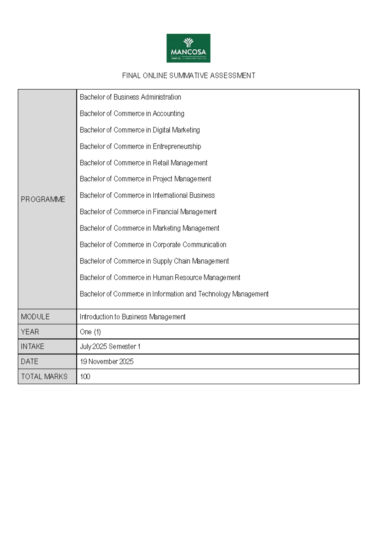 Introduction to Business Management Final OSA - BBA/BCom Programs - Studocu
