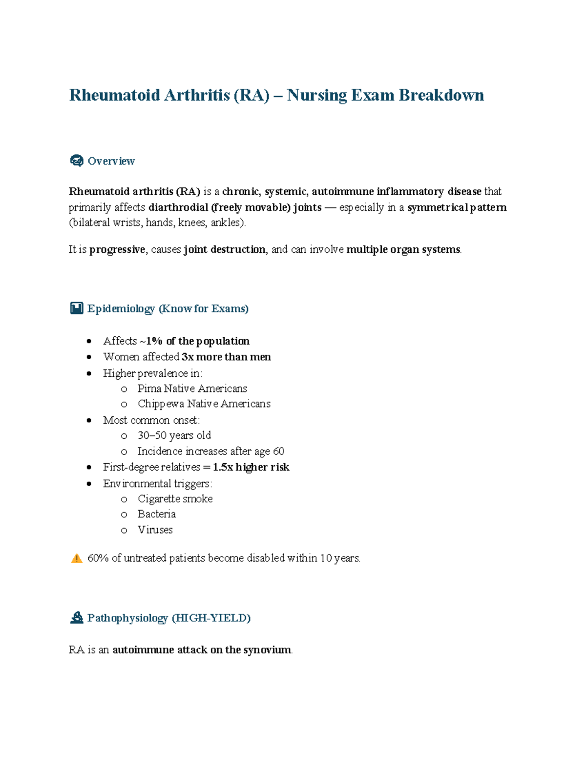 Rheumatoid Arthritis (RA) Nursing Exam Overview and Key Insights - Studocu