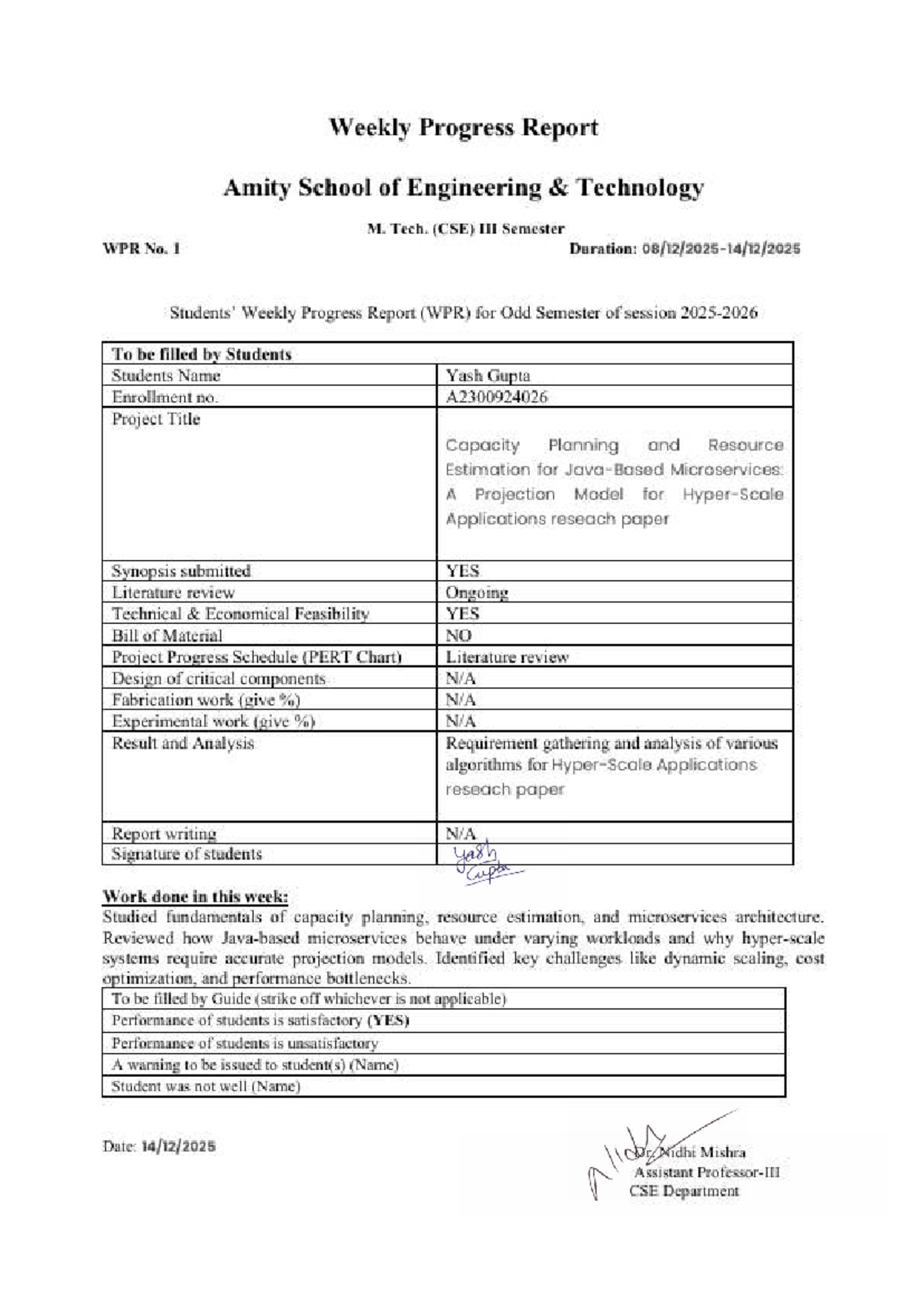 Weekly Progress Report WPR No. 1 - M. Tech. (CSE) Project Update - Studocu