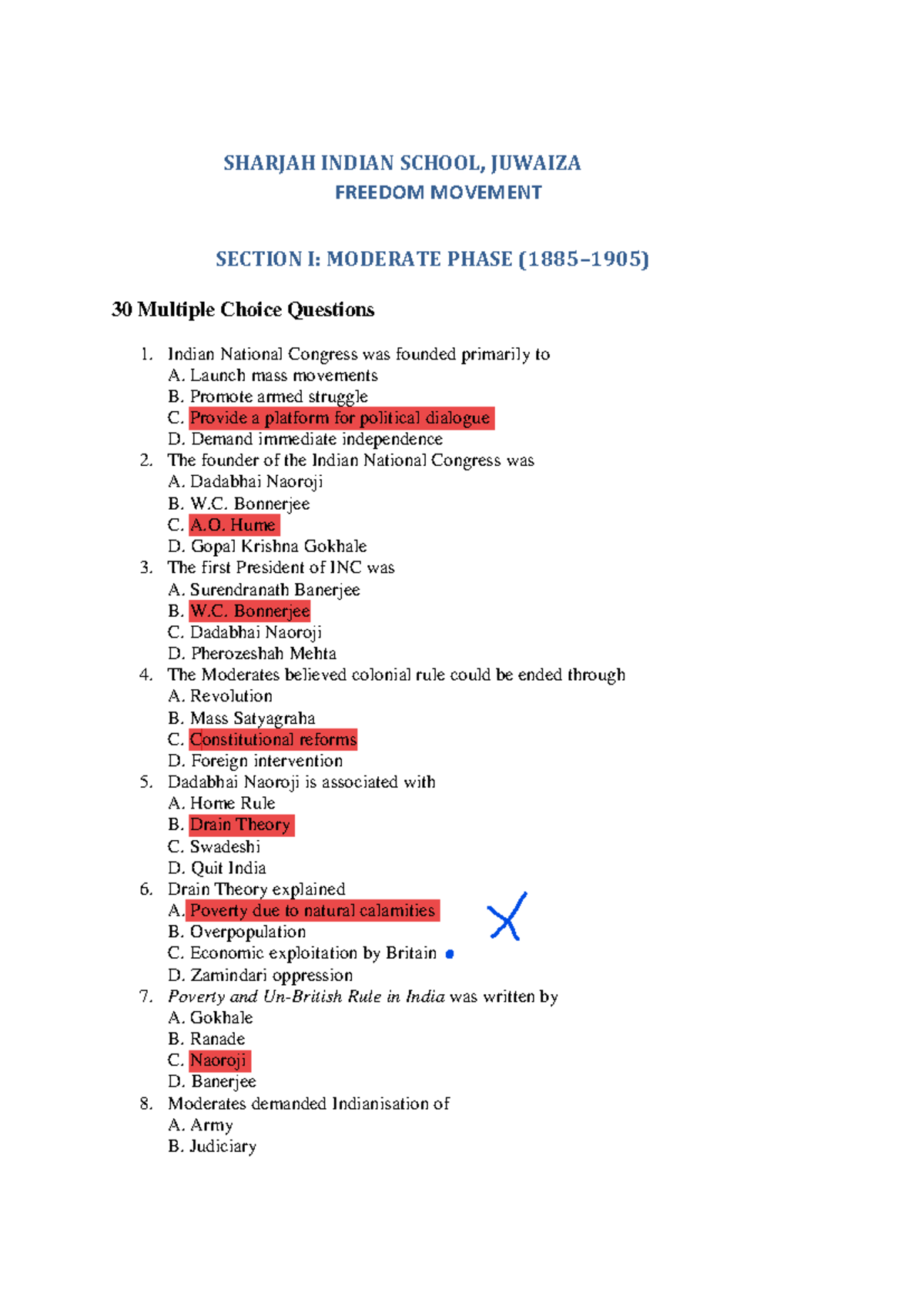 SHARJAH INDIAN SCHOOL, JUWAIZA: Freedom Movement MCQs (Moderate to ...
