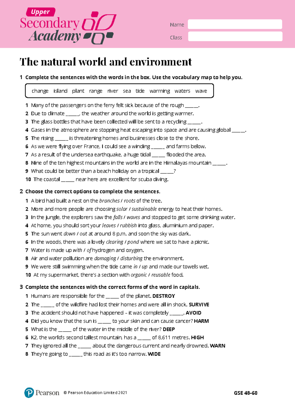 The natural world and environment - Worksheet - Name Class © Pearson ...