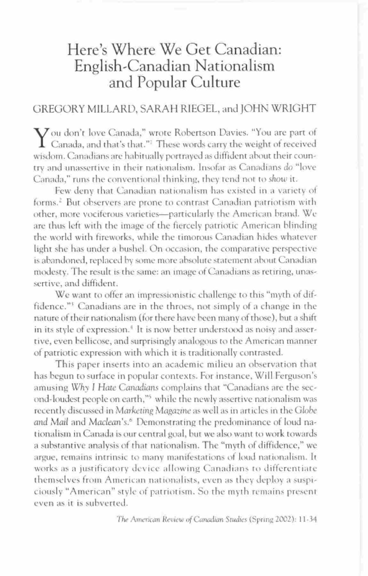 Where We Get Canadian: Nationalism and Popular Culture (GREGORY MILLARD ...