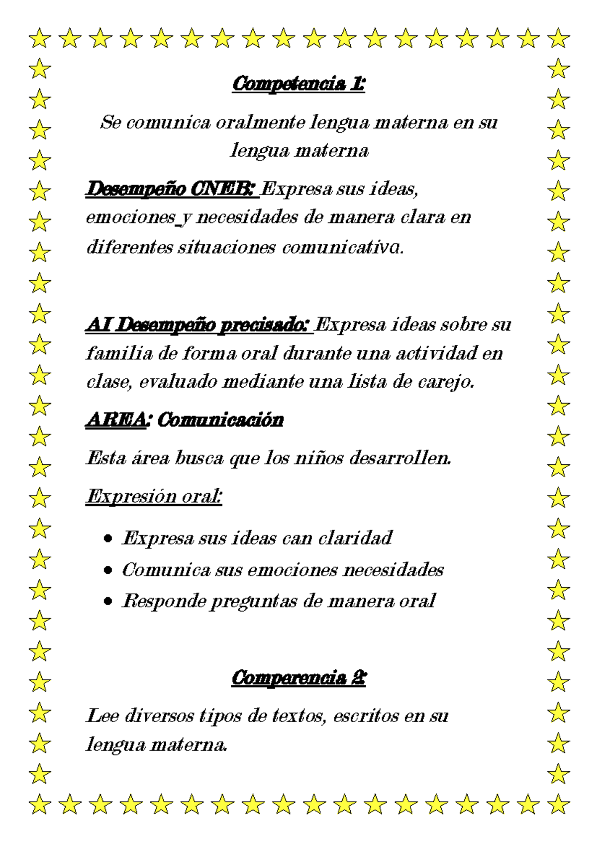 Competencia 1 y 2: Comunicación Oral y Lectura en Lengua Materna - Studocu