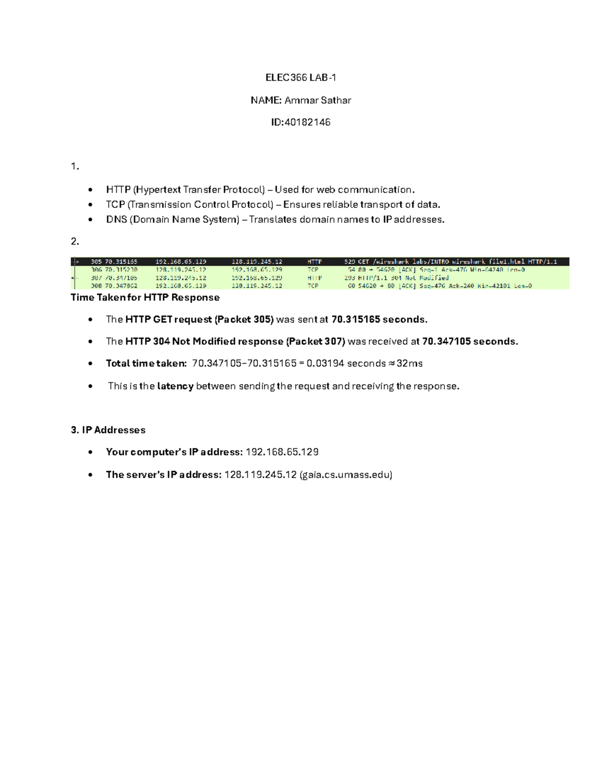 ELEC366 LAB 1 d - ELEC366 LAB- 1 NAME: Ammar Sathar ID: 1. HTTP (Hypertext Transfer Protocol ...