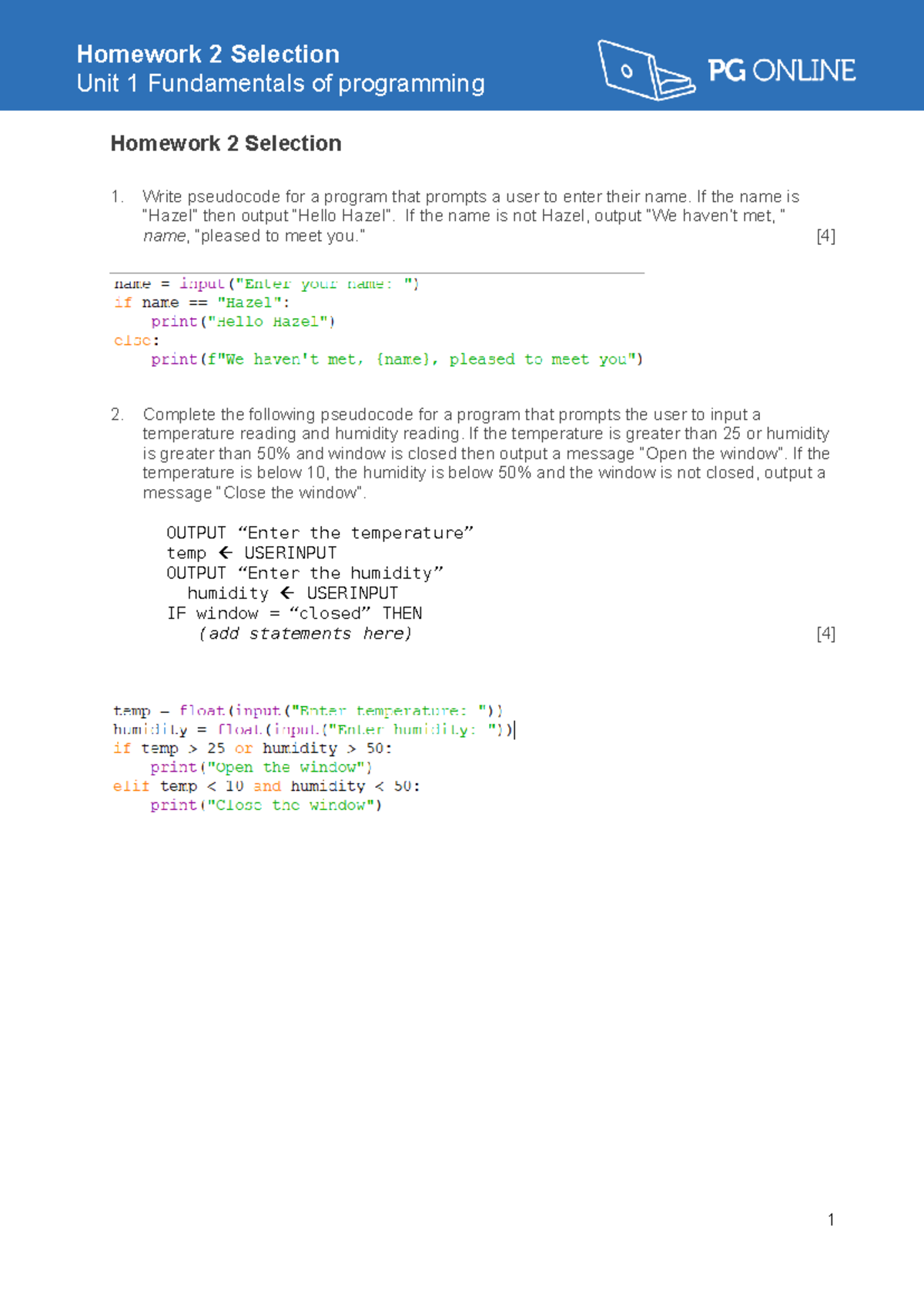 Programming Fundamentals Homework 2: Pseudocode Exercises - Studocu