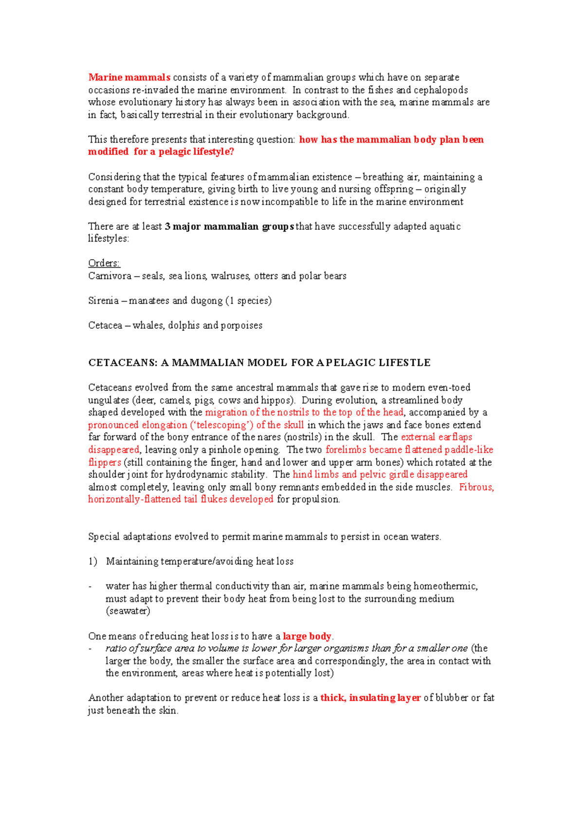 Marine Mammals - Lecture Notes on Adaptations for Aquatic Life - Studocu