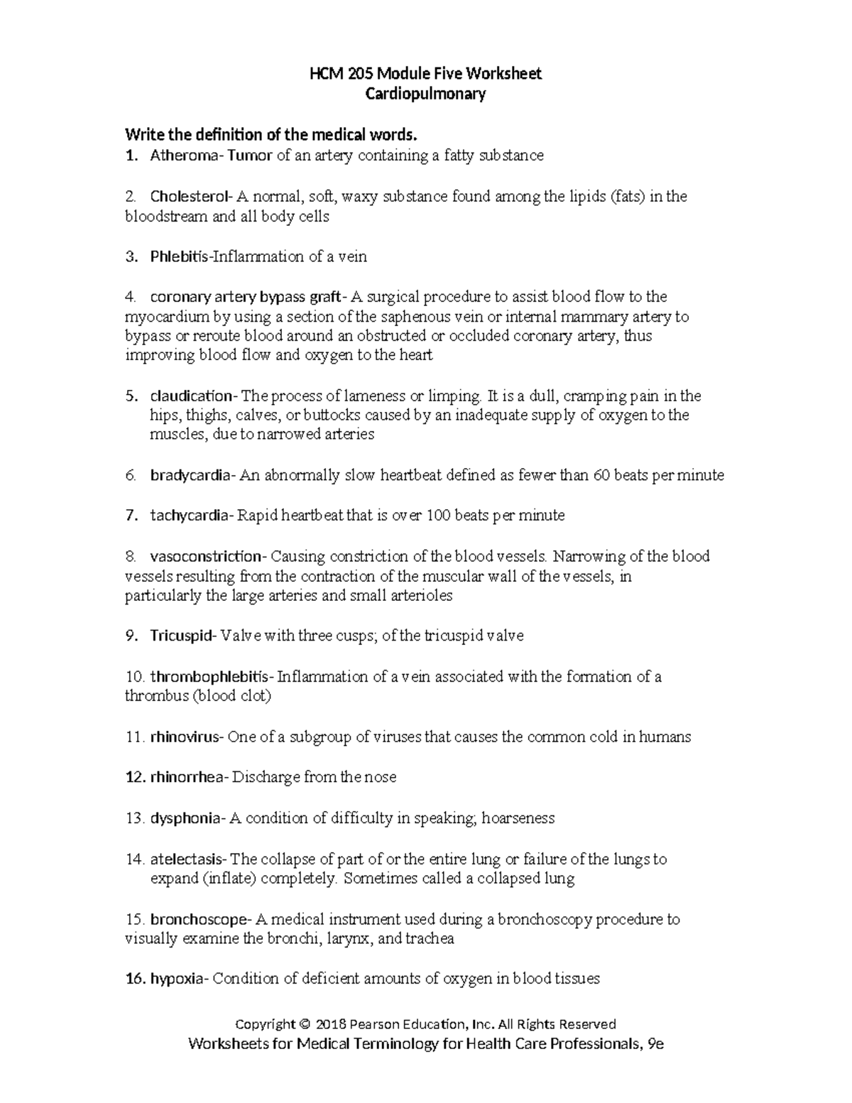 HCM 205 Module 5 Cardiopulmonary Medical Terminology Worksheet - Studocu