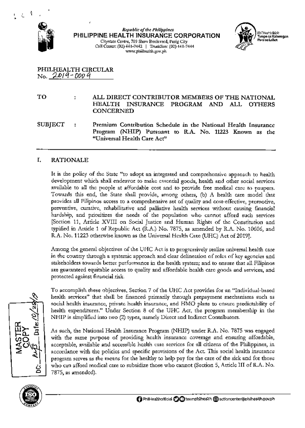 PhilHealth Circular 2019-0009: NHIP Premium Contribution Schedule - Studocu