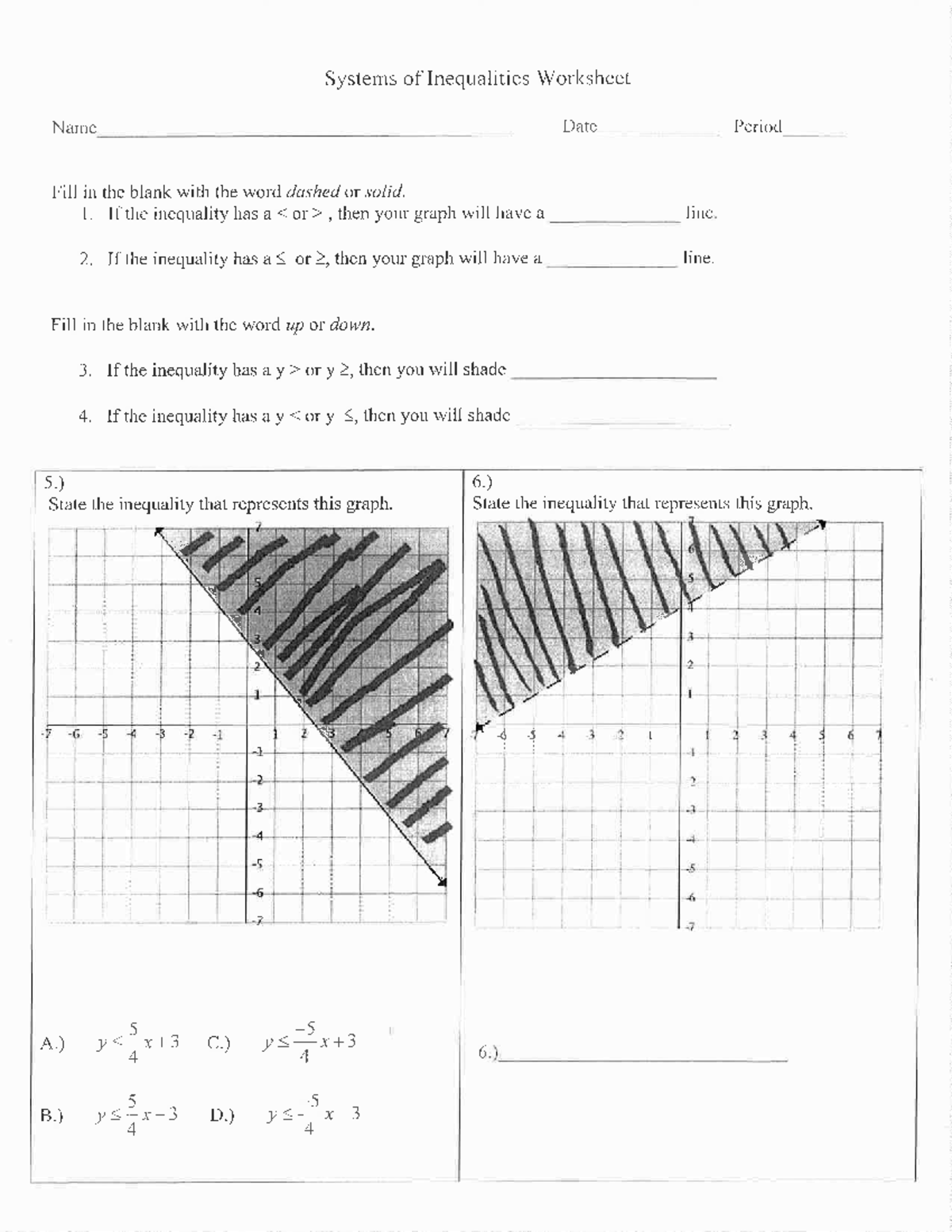Systems of Inequalities Worksheet: Fill in the Blanks Activity - Studocu