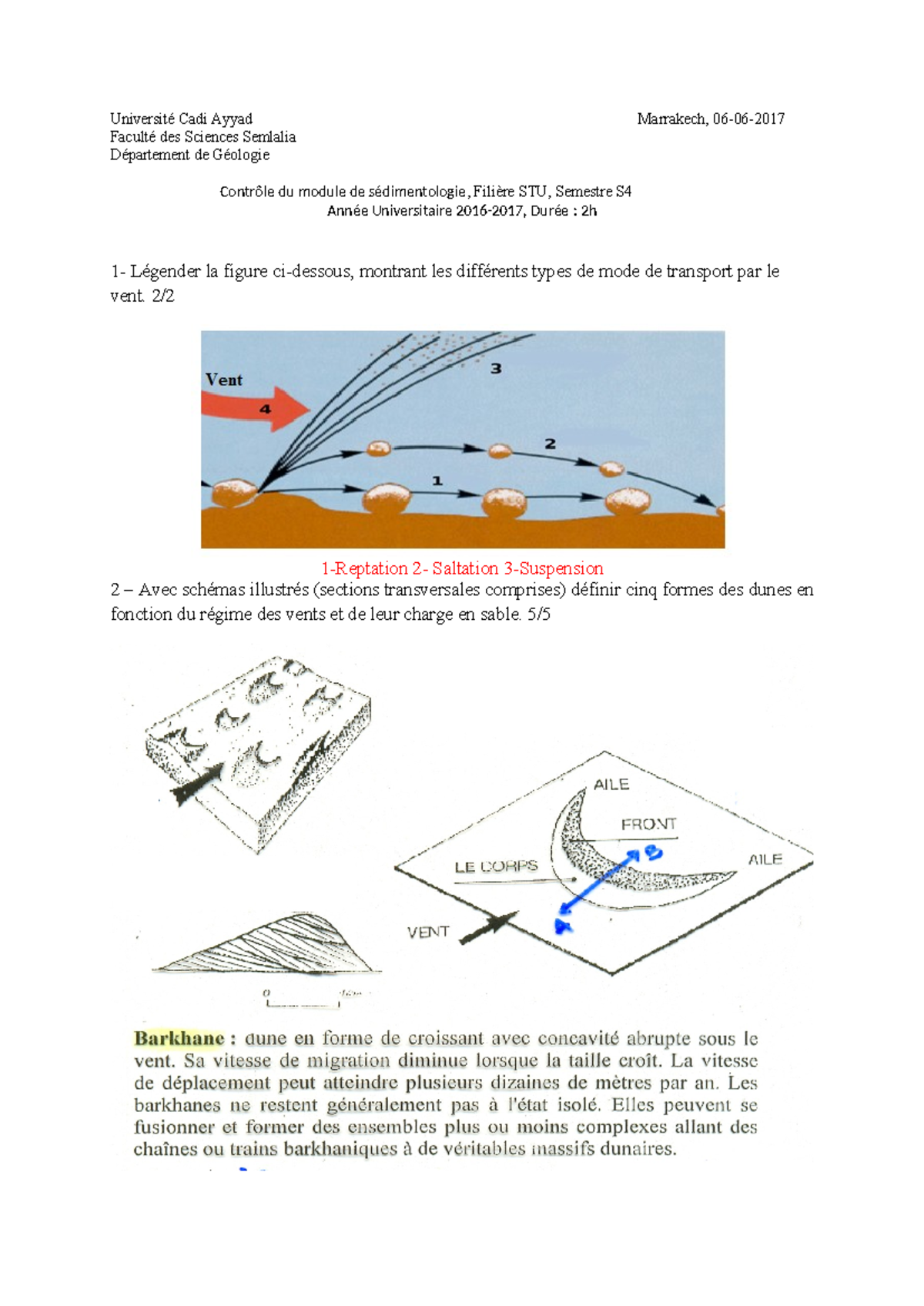 Correction Contrôle Sédimentologie STU S4 - Université Cadi Ayyad - Studocu