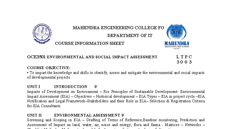ESIA OCE351 Syllabus: Environmental & Social Impact Assessment Notes ...