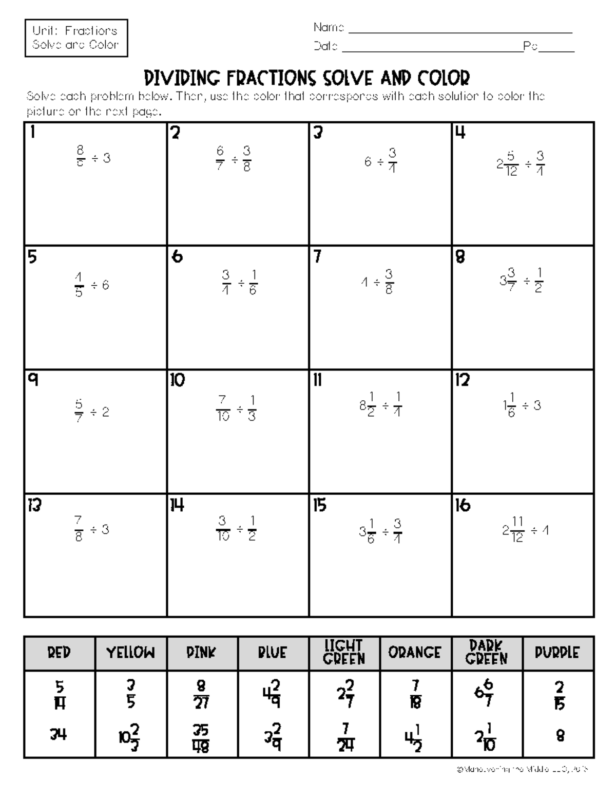Dividing Fractions: Solve and Color Activity (Unit Name) - Studocu