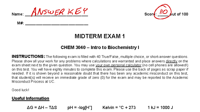Chem 3040: Midterm Exam 1 Answer Key for Intro to Biochemistry I - Studocu