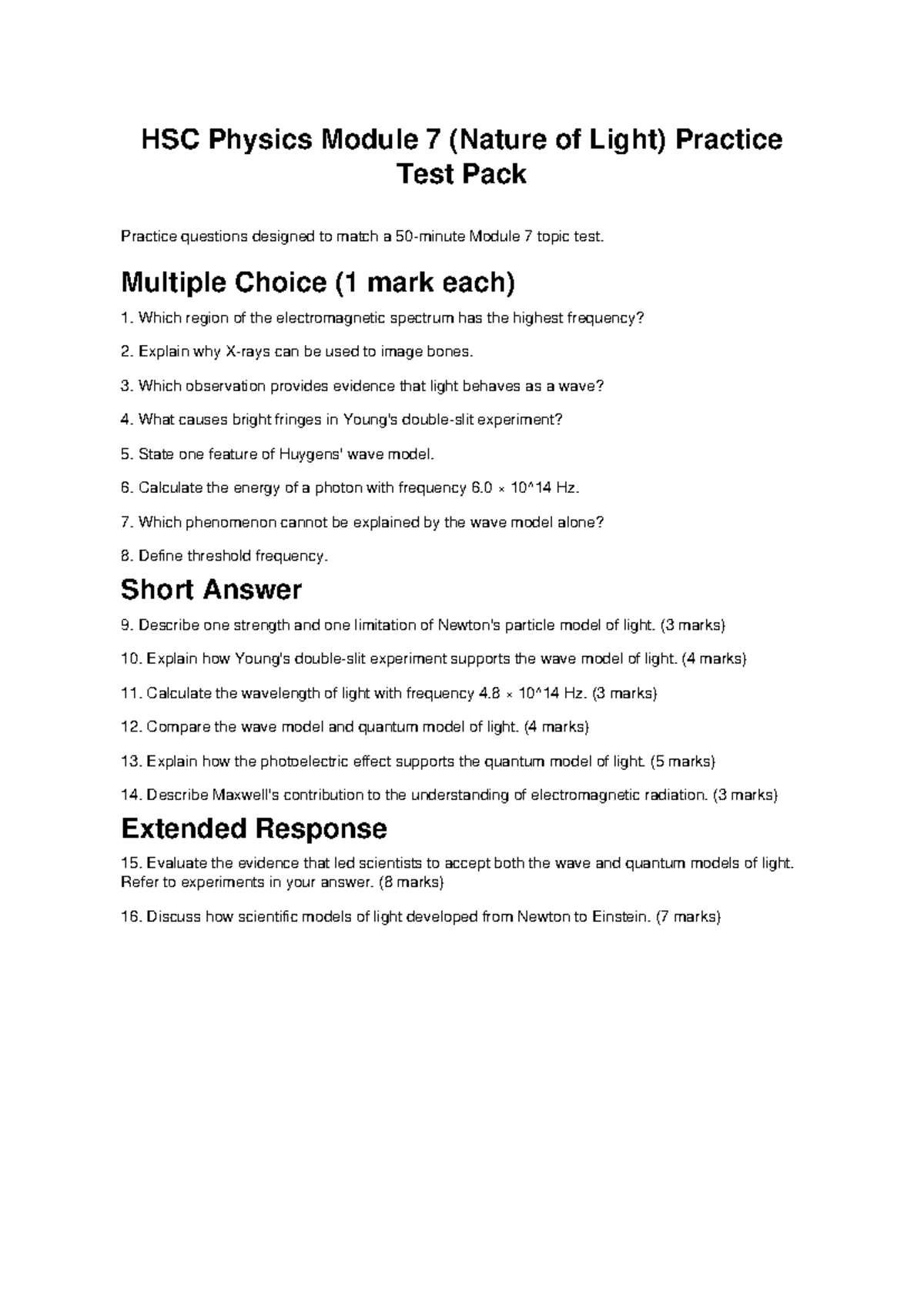 HSC Physics Module 7 Practice Test Pack - Studocu