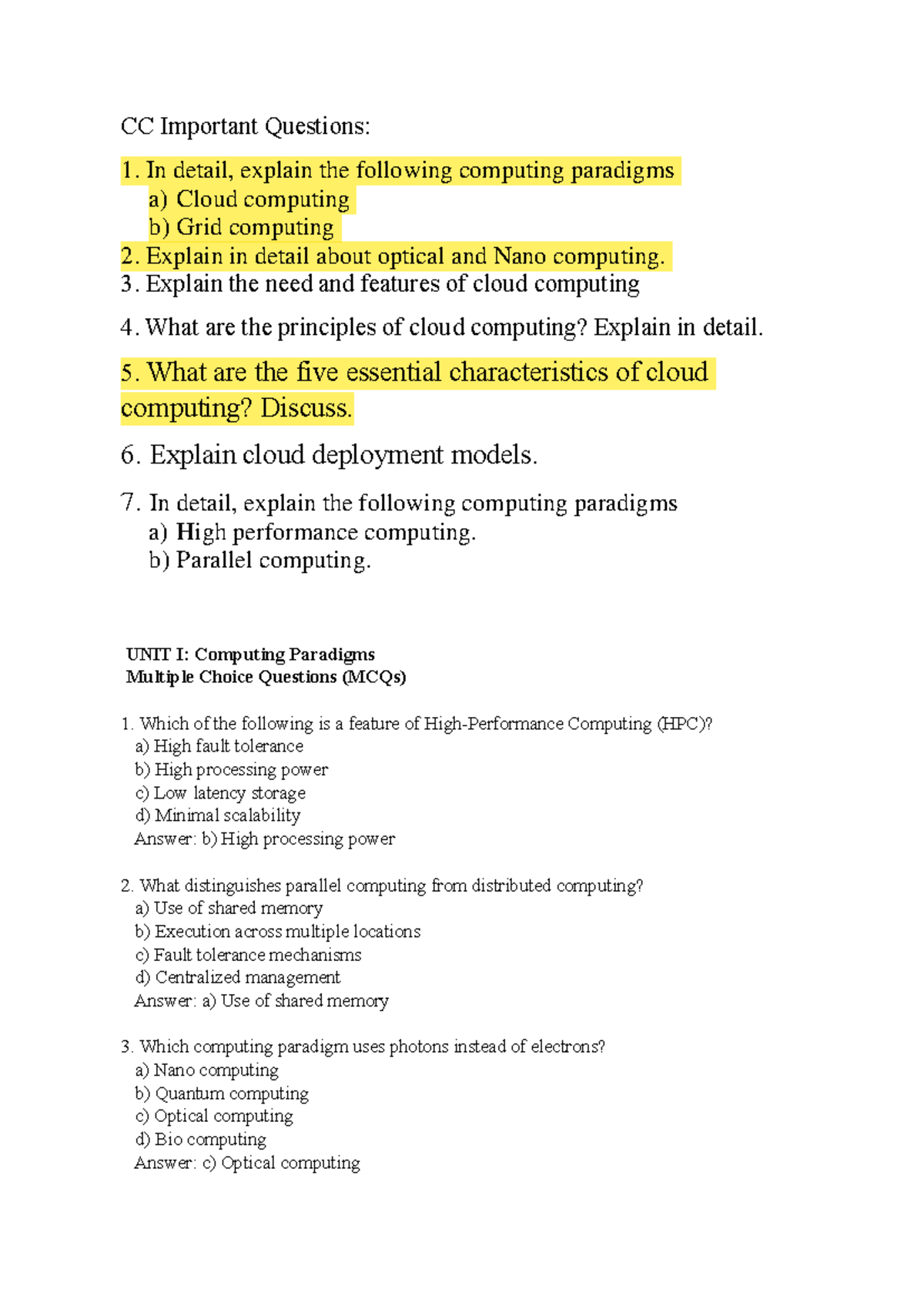 CC Cloud Computing: Key Concepts & Important Questions for Study - Studocu