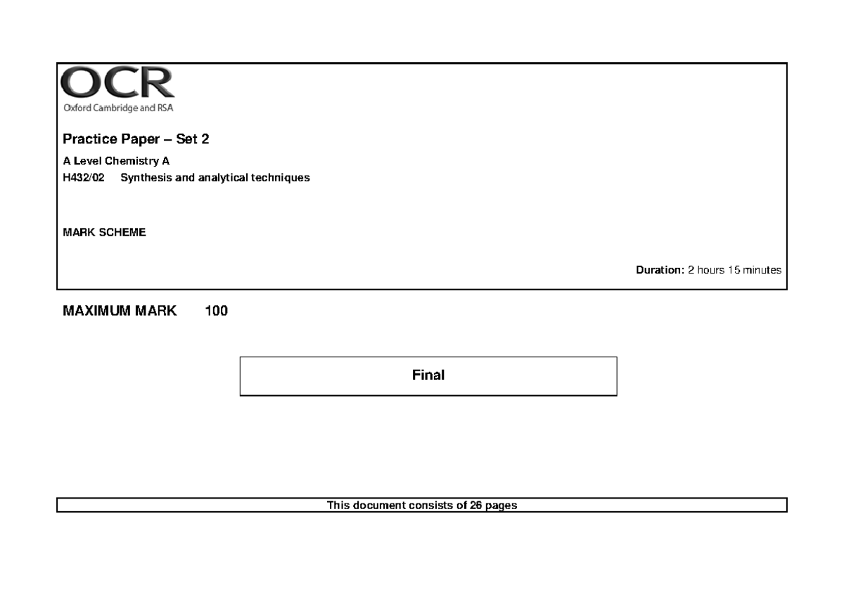 H432/02 A Level Chemistry Final Exam Mark Scheme Set 2 - Studocu
