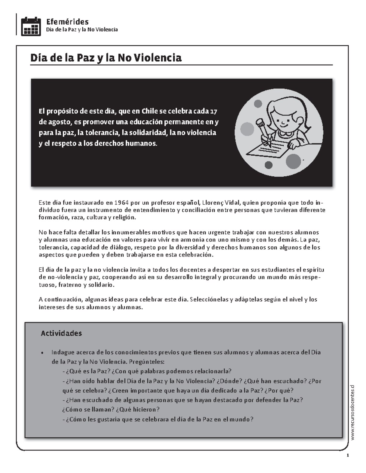 Actividades para Celebrar el Día de la Paz y la No Violencia - Studocu