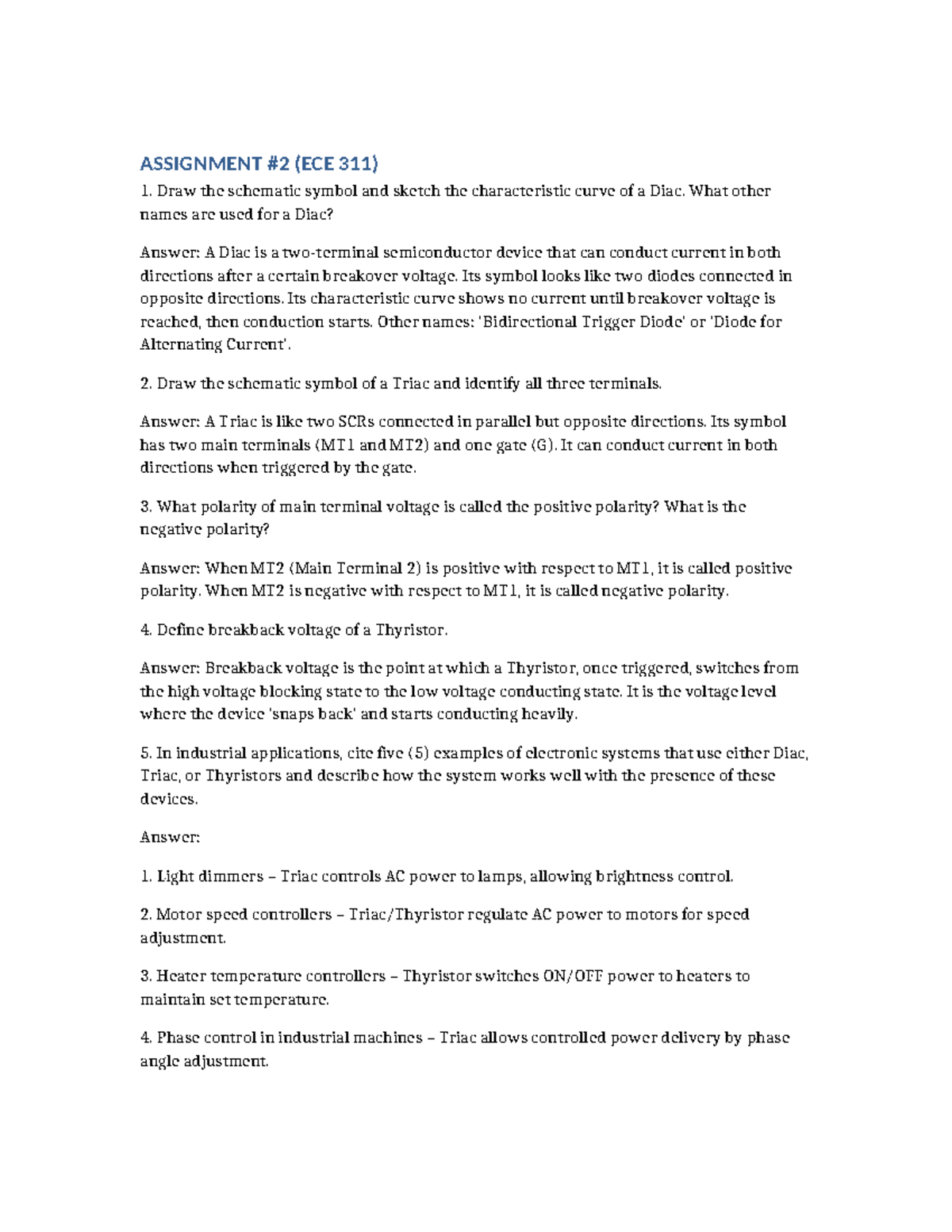 ECE 311 Assignment: Diac and Triac Characteristics and Applications - Studocu