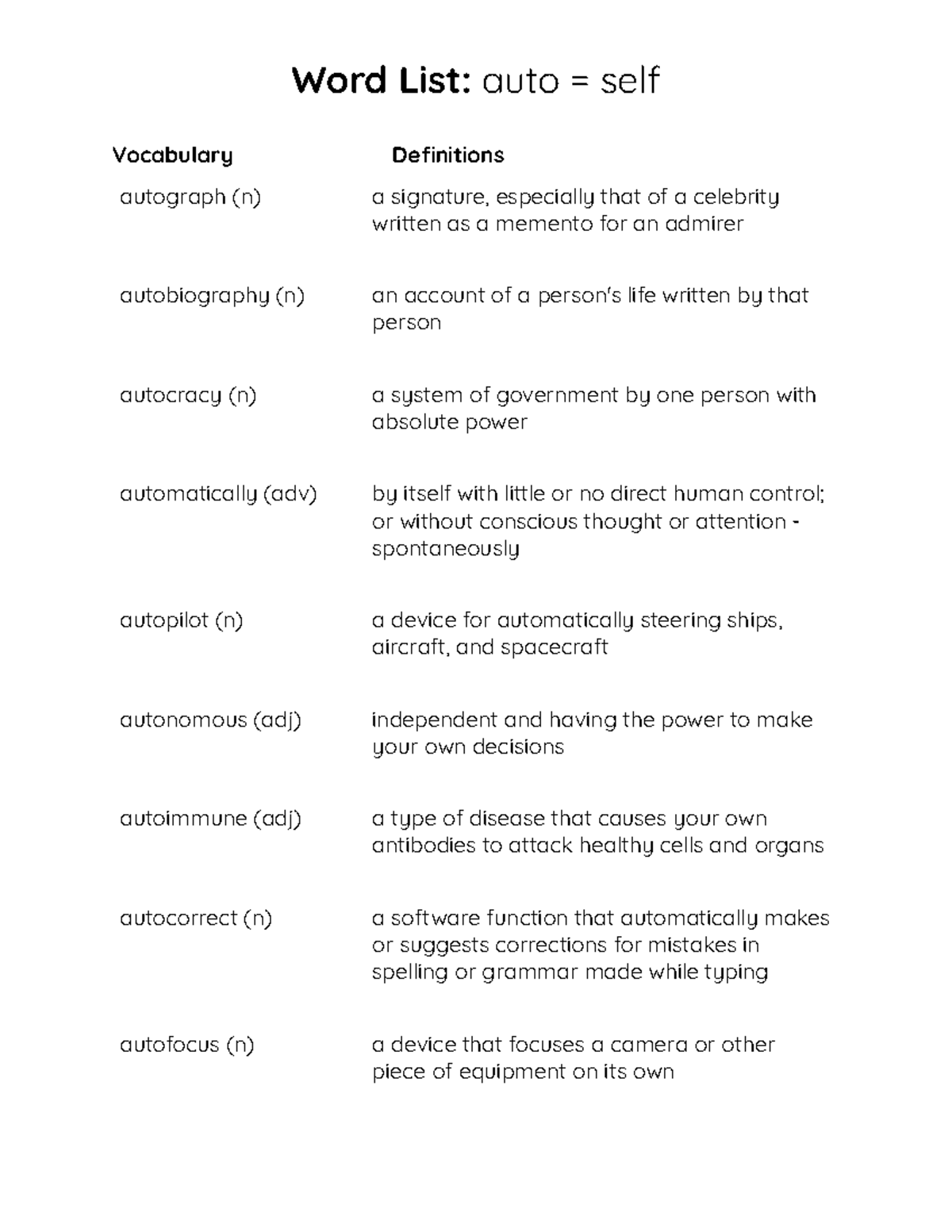 Auto Vocabulary Definitions and Meanings Guide - Studocu