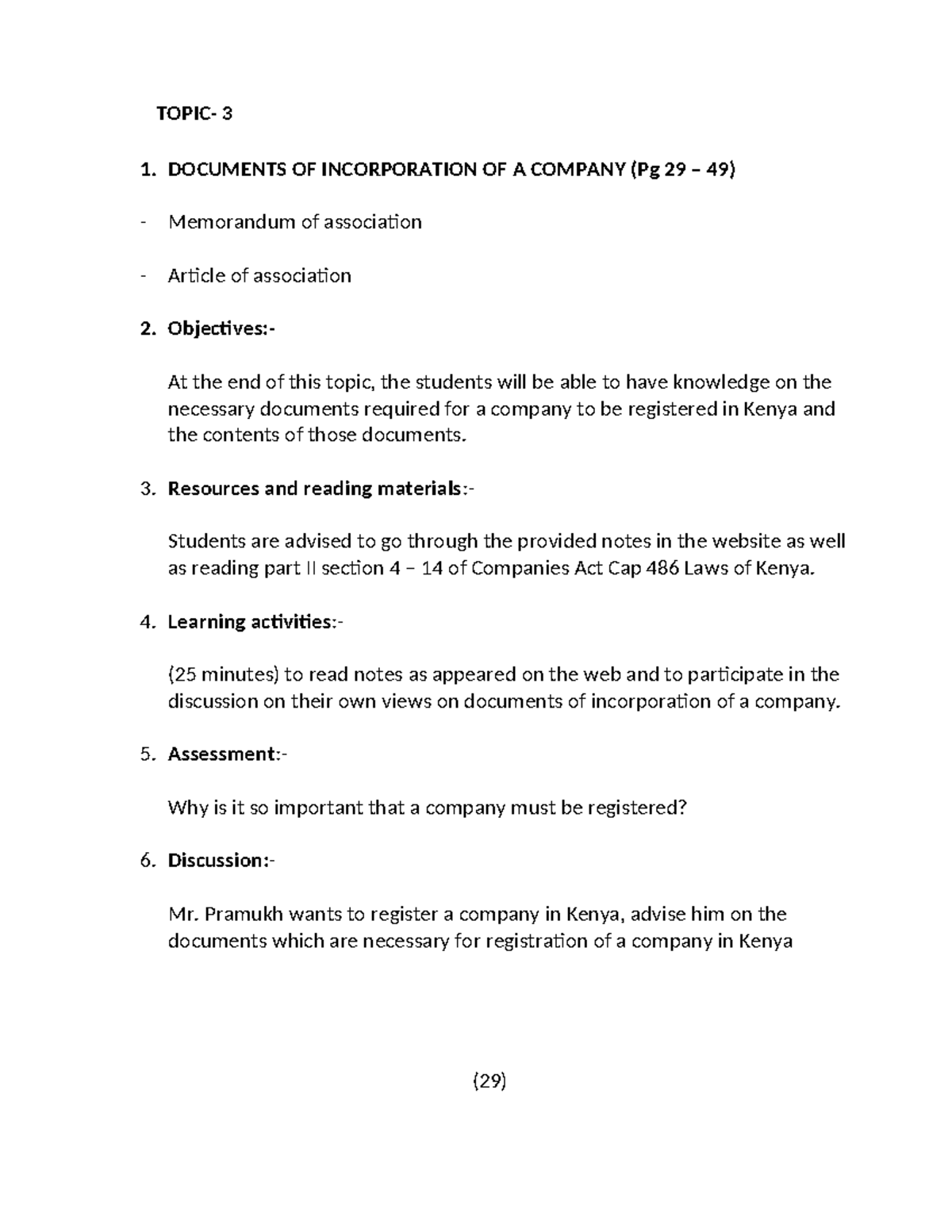 Handouts Topic 3 & 4 Company LAW - TOPIC- 3 DOCUMENTS OF INCORPORATION ...