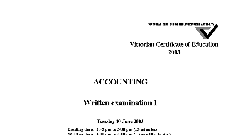 2003 VCE Accounting Unit 3 Exam - Written Examination 1 - Studocu