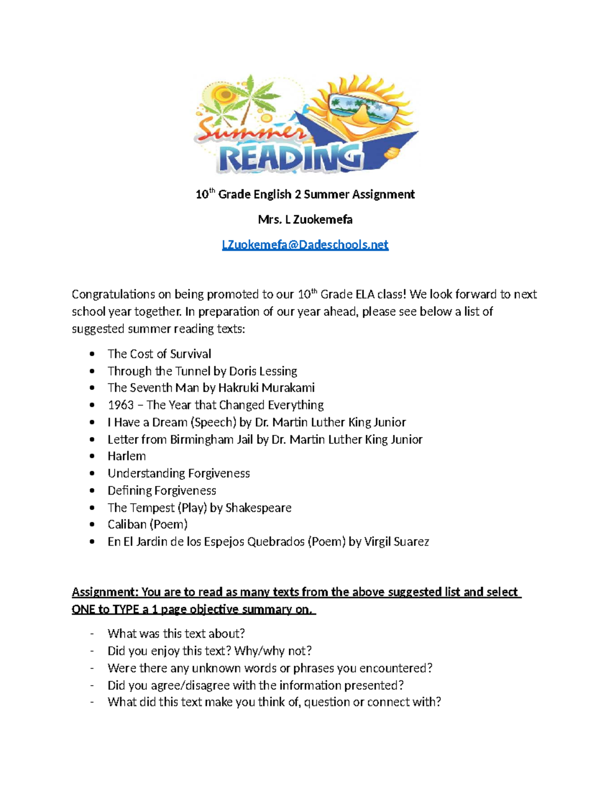 10th Grade ELA 2 Summer Reading Assignment by Mrs. L Zuokemefa - Studocu