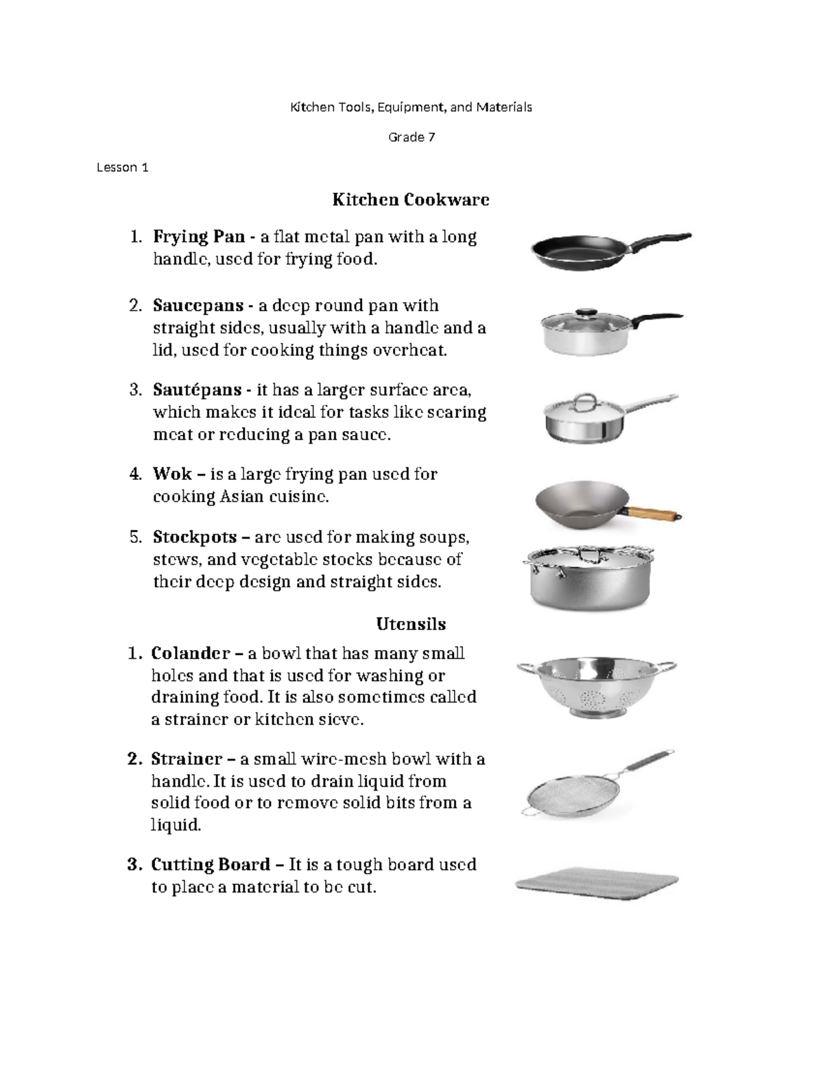Grade 7 Kitchen Tools & Equipment: Lesson 1 Overview - Studocu