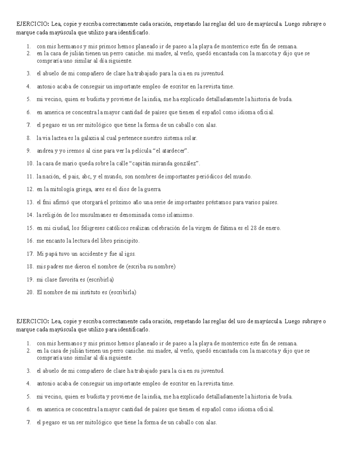 Ejercicio de Uso Correcto de Mayúsculas - Lengua Española - Studocu