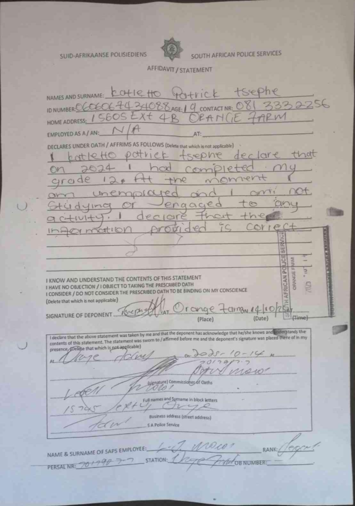 POLISIEDIENS SAPS Affidavit Statement - Kotle Ho Patrick Tsephe - Studocu