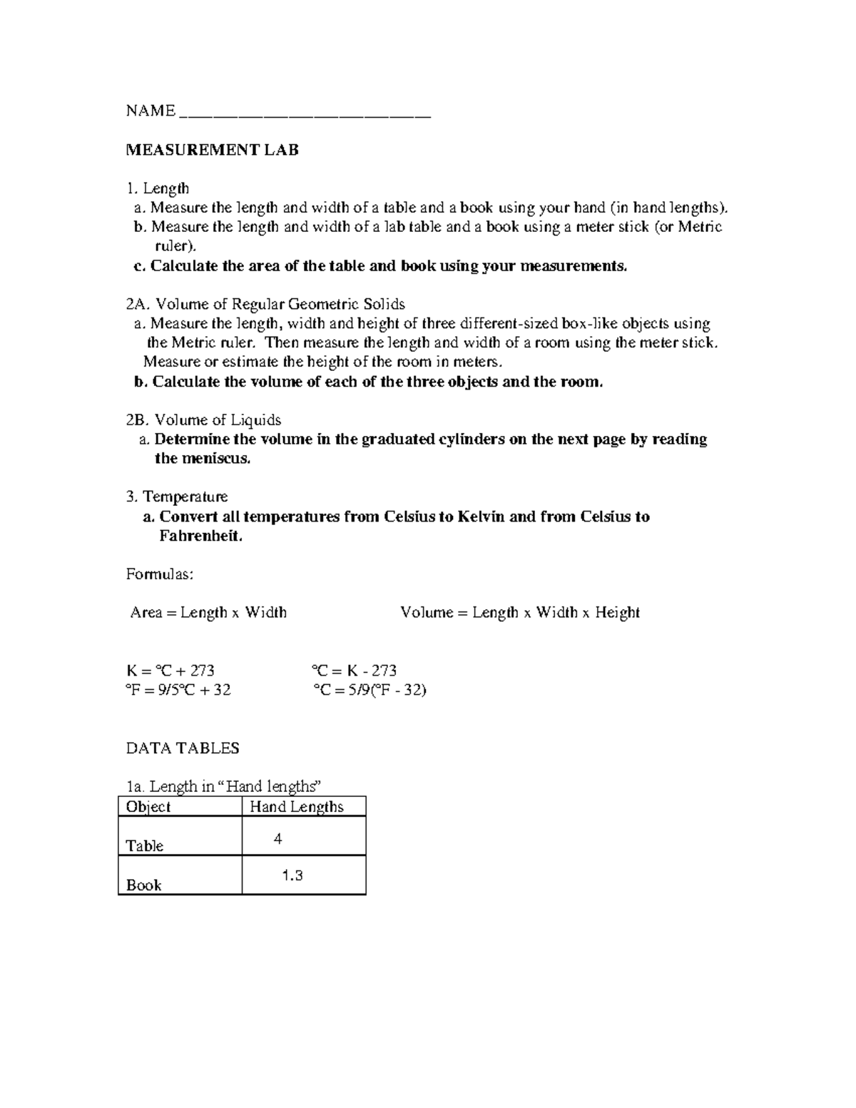 Measurement Lab 3 - Length, Volume, and Temperature Calculations - Studocu