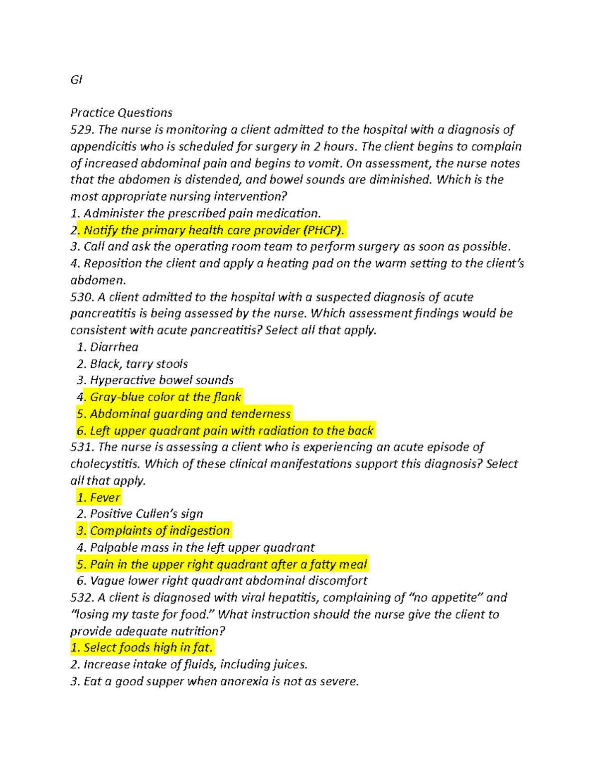 Saunders GI Practice Questions for Adult Health Nursing Prep - Studocu