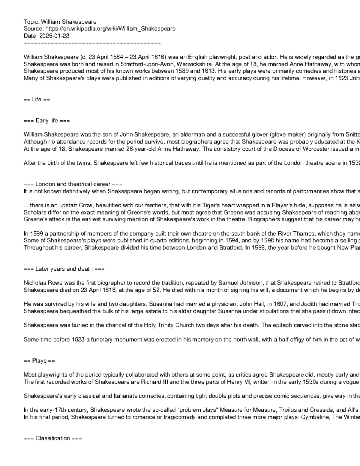 William Shakespeare: Life, Works, and Legacy (ENG 101) - Studocu