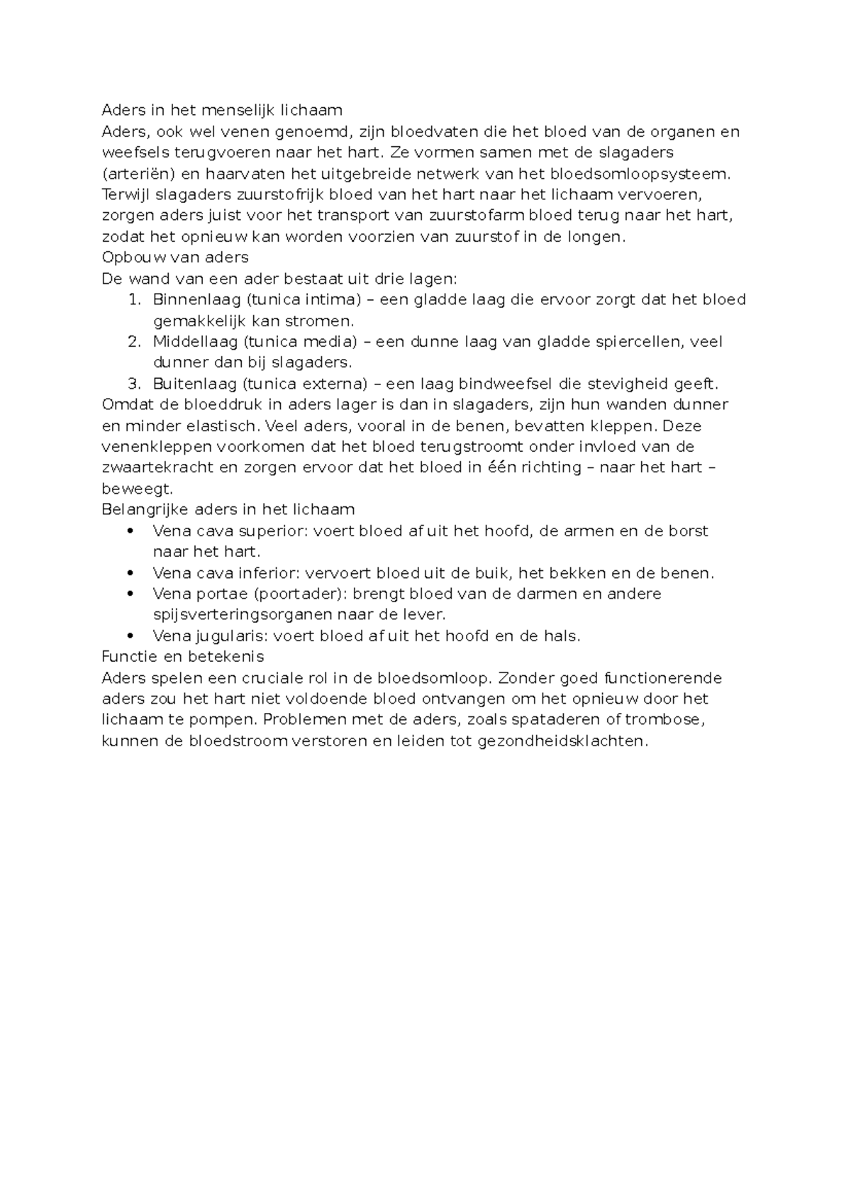 Bio - Samenvatting van Aders in het Menselijk Lichaam - Studeersnel