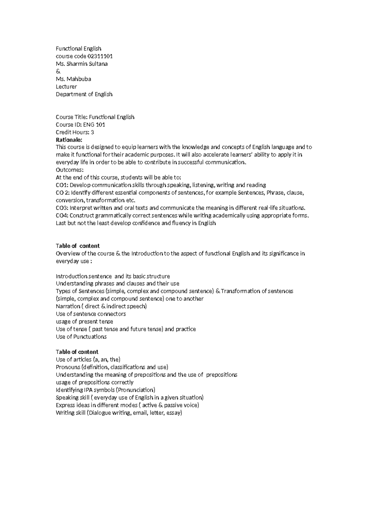 Functional English Course Overview - ENG 101 - Studocu