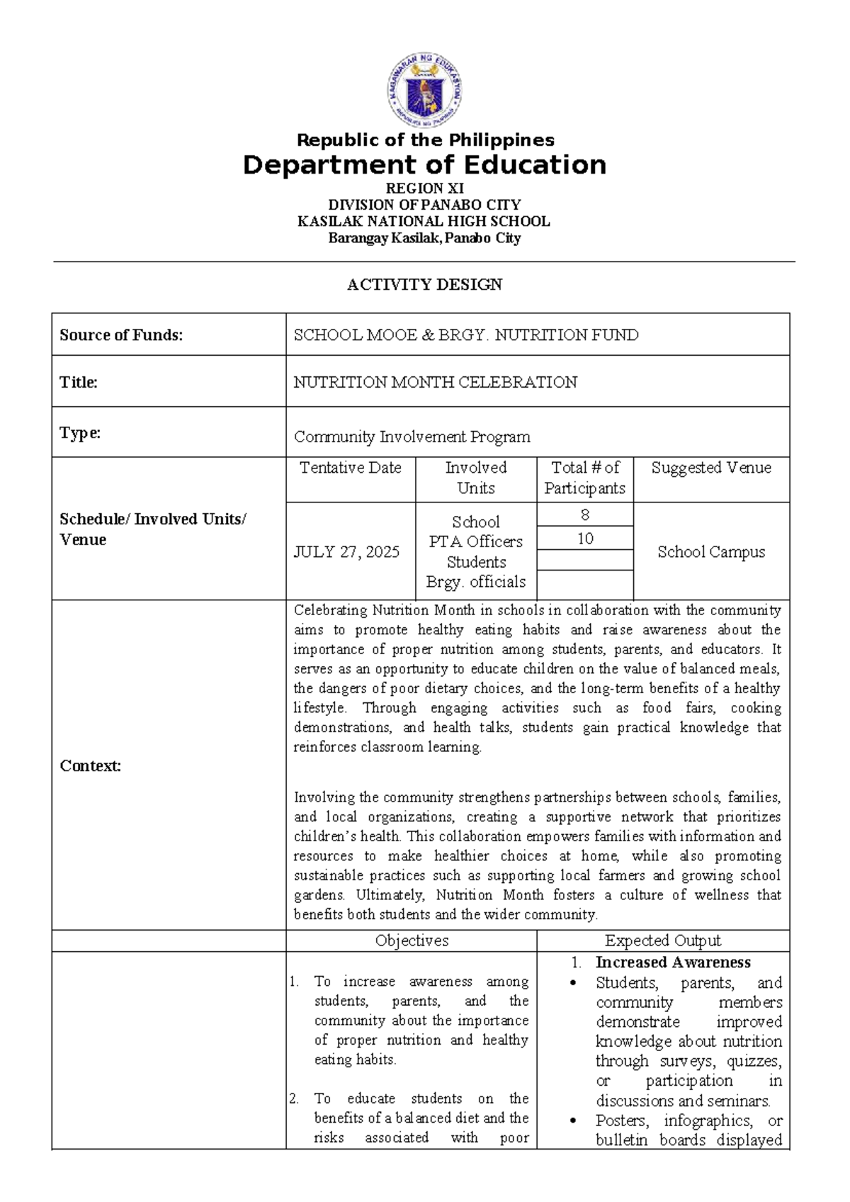 Nutrition Month Celebration Activity Design (2025) - Community ...