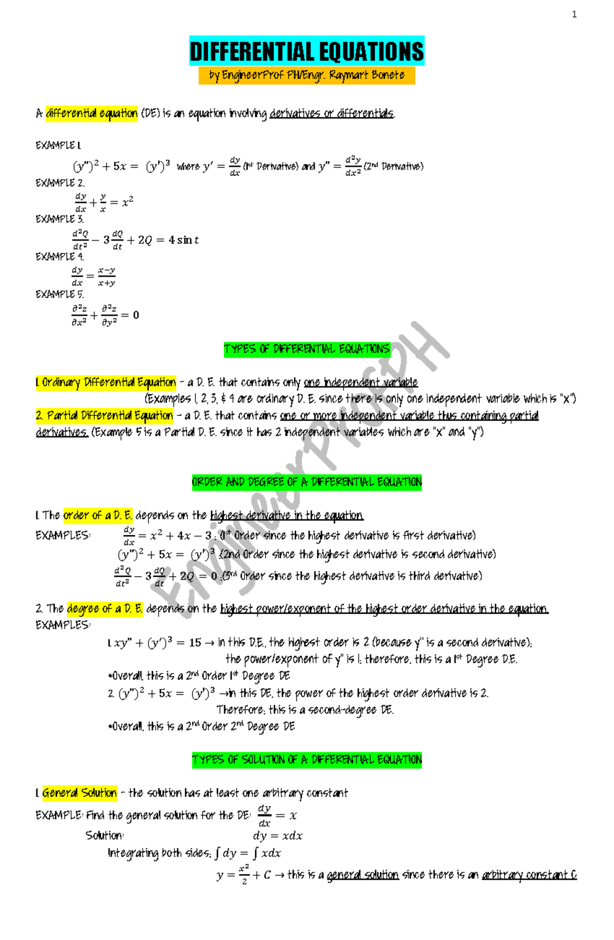 Diff Equatuon Notes - DIFFERENTIAL EQUATIONS by EngineerProf PH/Engr ...