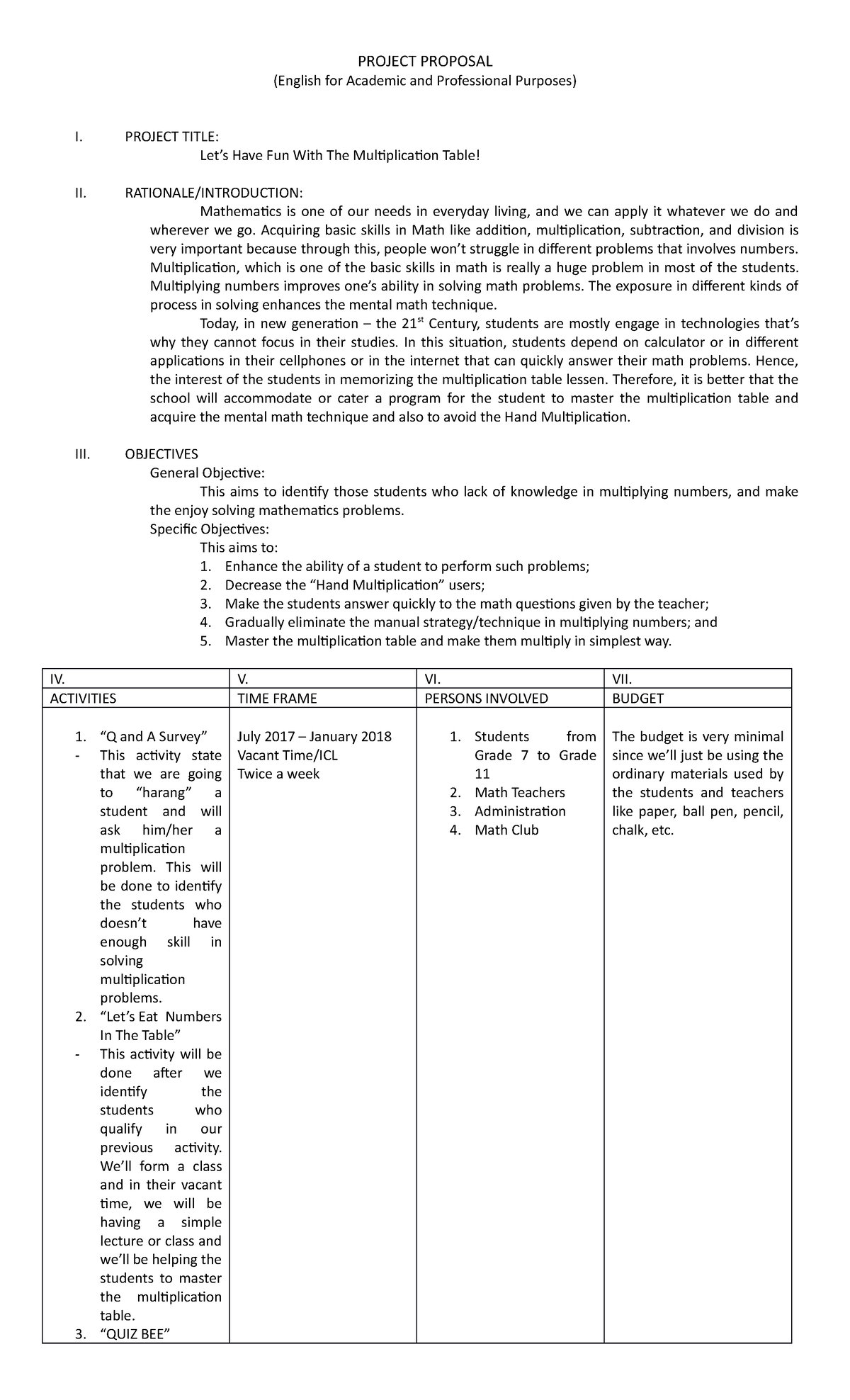Project Proposal: Fun with Multiplication Table - EAPP - Studocu