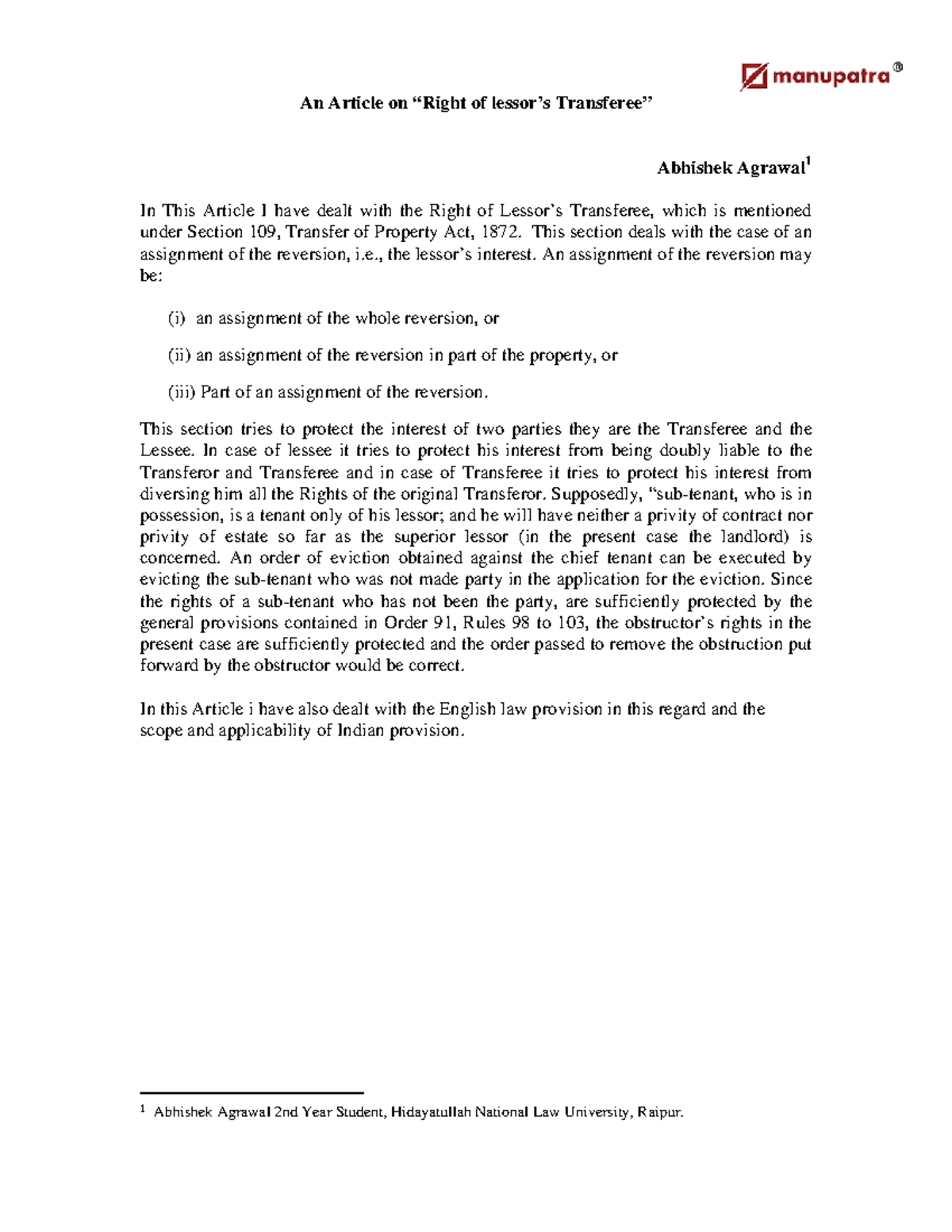 Right of Lessor Transferee: An Analysis of Section 109 TPA - Studocu