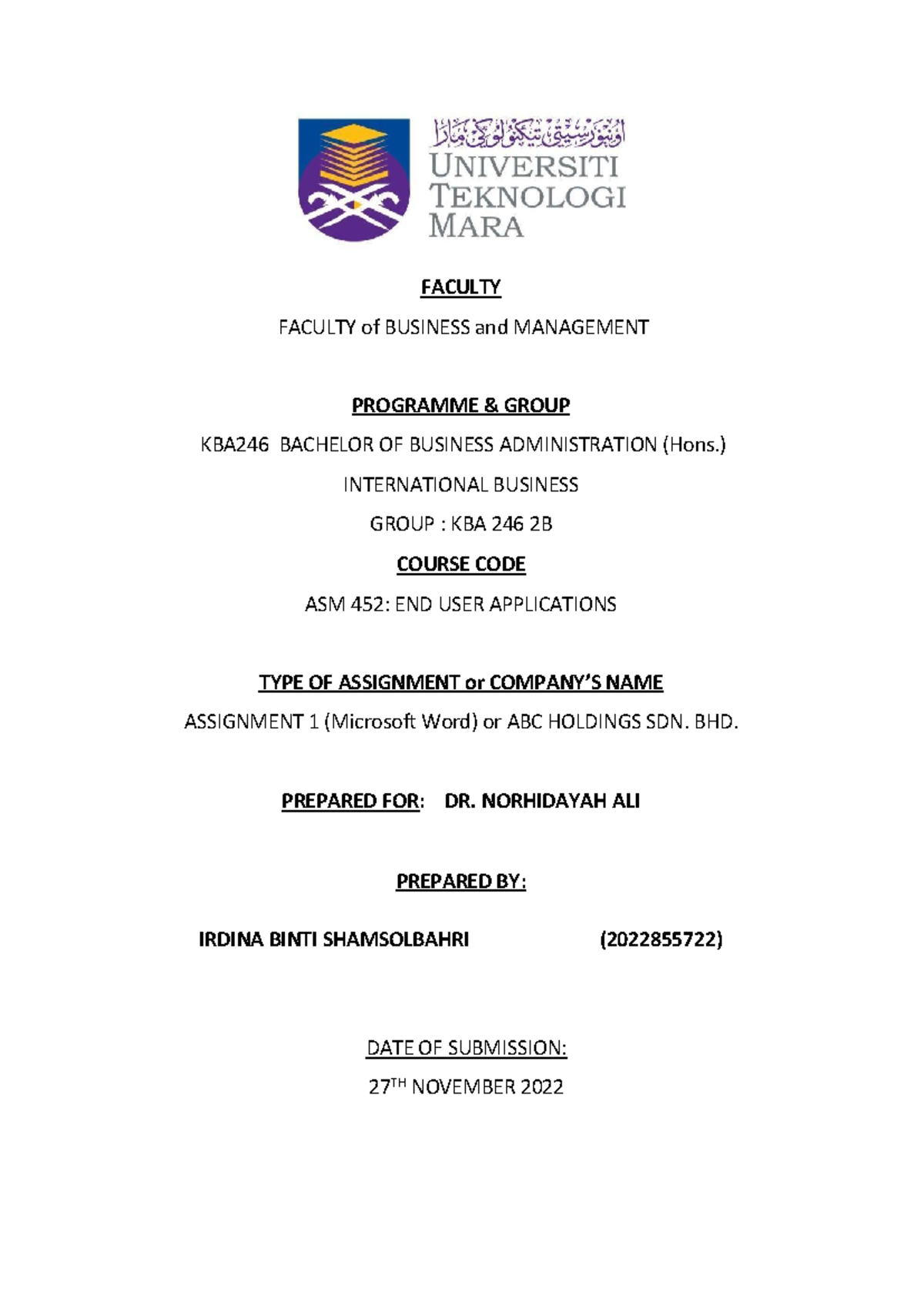 ASM452 INDIVIDUAL ASSIGNMENT - FACULTY FACULTY of BUSINESS and ...