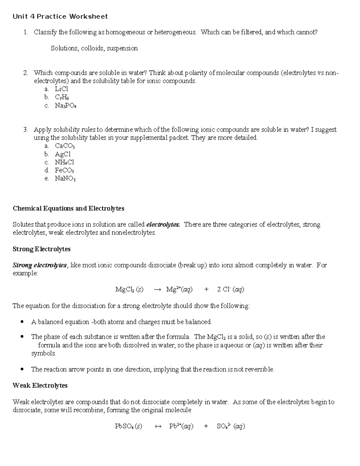 Chemistry Concentration Calculations & Acid-Base Reactions Worksheet ...