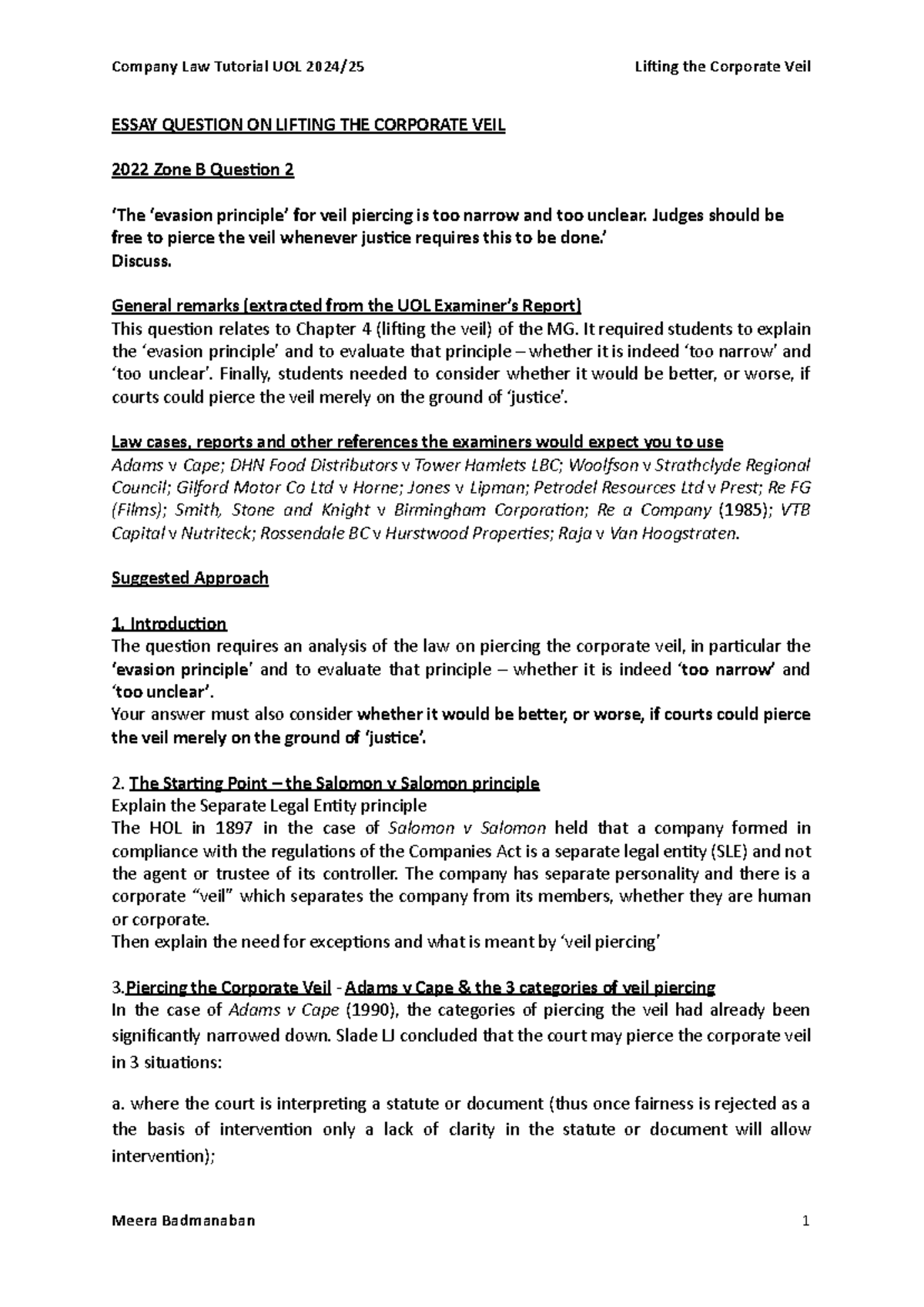 Company Law Tutorial - Lifting the Corporate Veil Analysis (2022) - Studocu