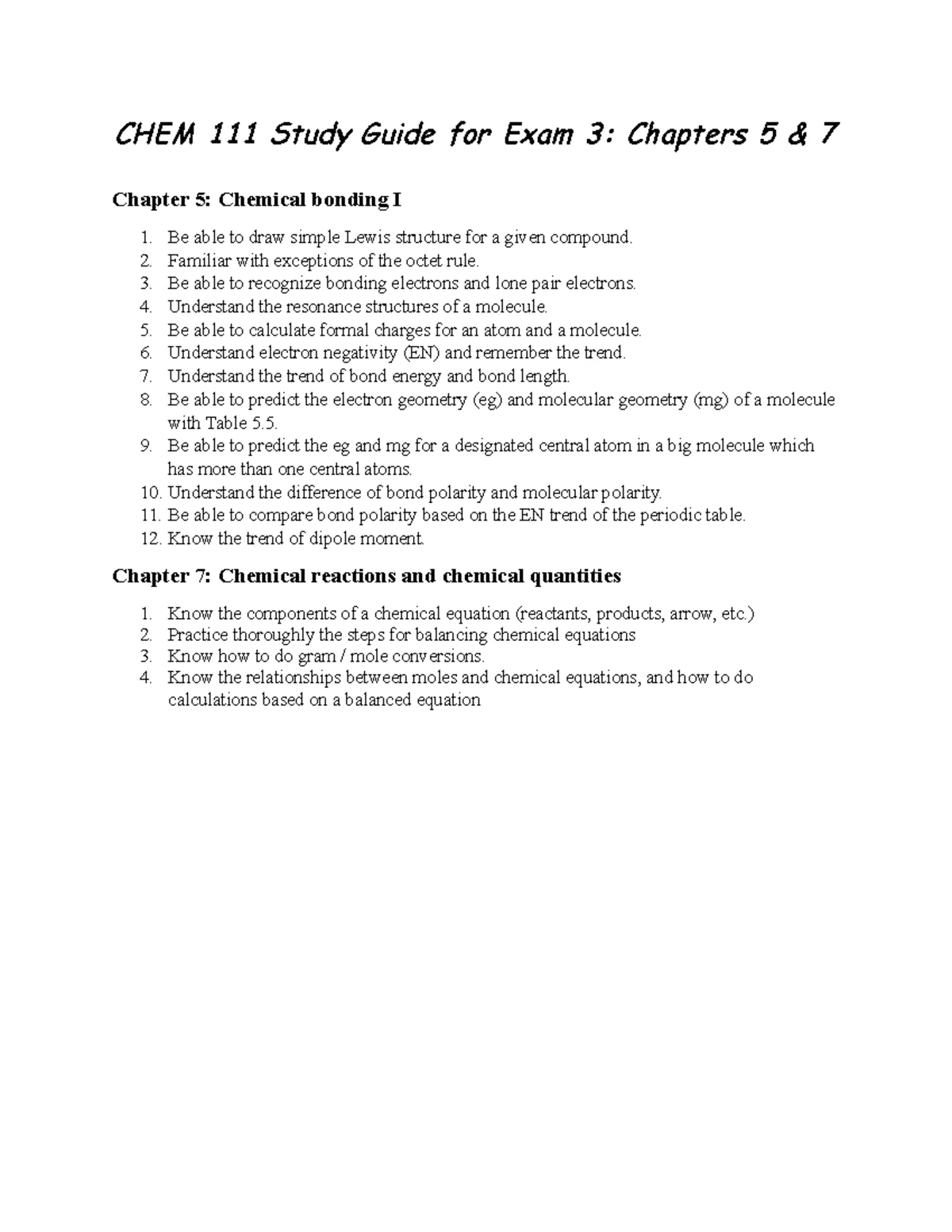CHEM 111 Exam I study guide - CHEM 111 Study Guide for Exam 1: Chapters ...