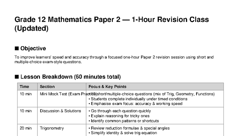 Grade 12 Maths Paper 2 1-Hour Revision Class Guide - Studocu
