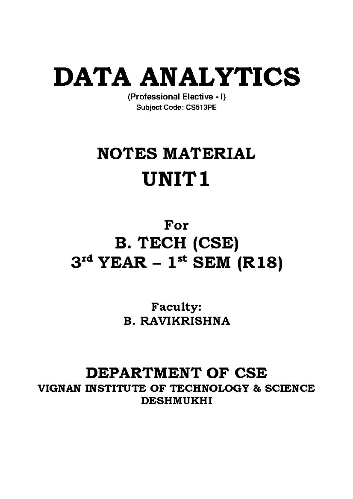 DATA ANALYTICS (CS513PE) Unit 1 Notes for B.Tech CSE 3rd Year (R18 ...