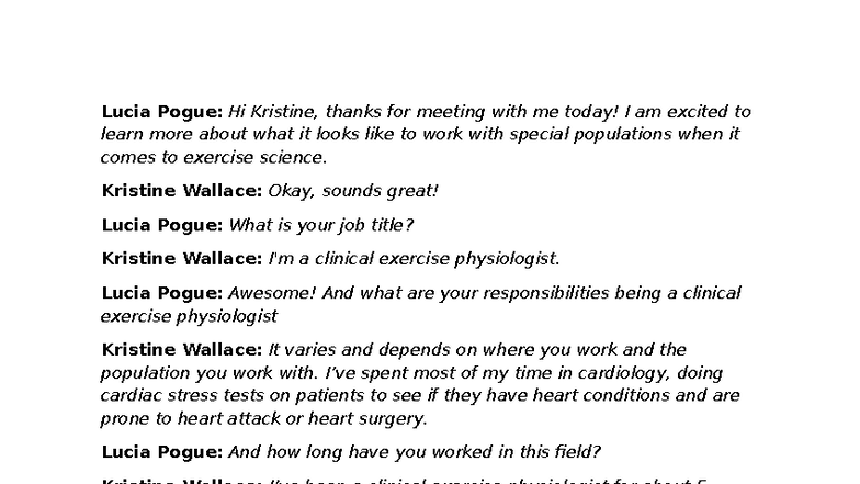 EXS344 - Informational Interview with Clinical Exercise Physiologist ...