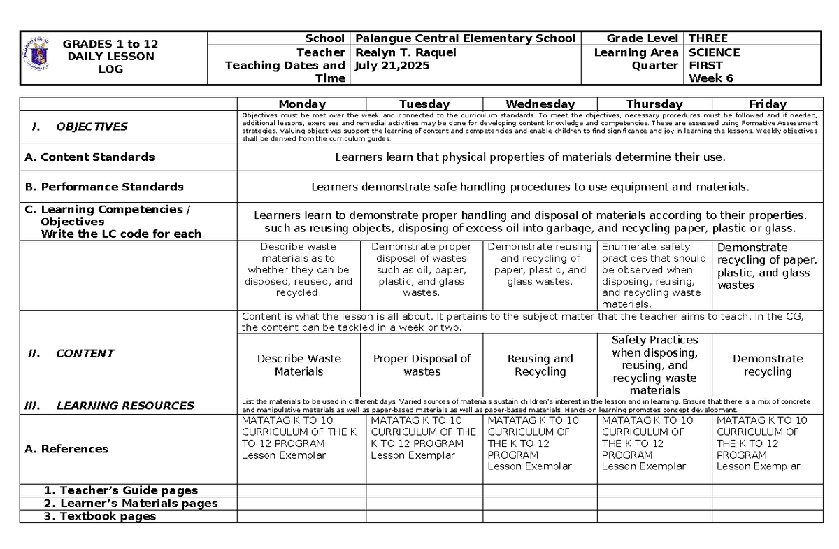 Daily Lesson Log (DLL) for Science G3 - Week 6 - Studocu