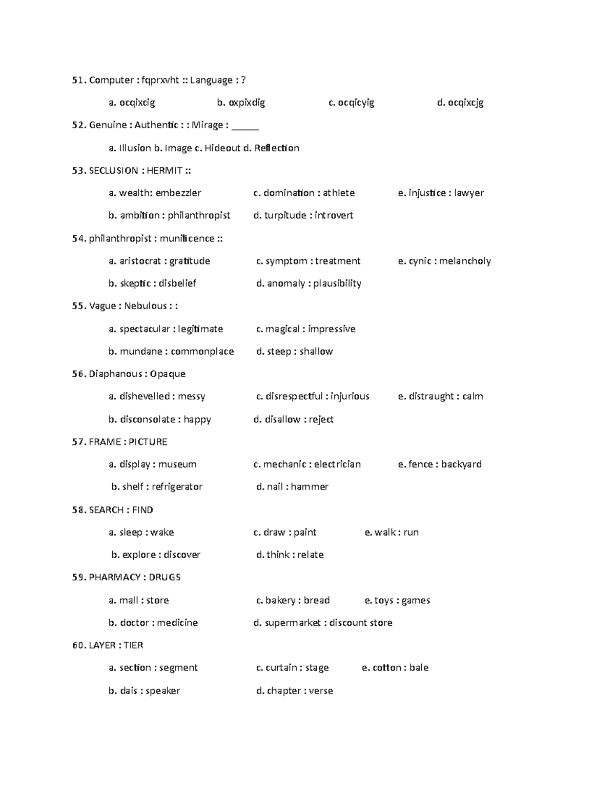 Analogy and Logic Test - Sample Questions and Answers - Studocu