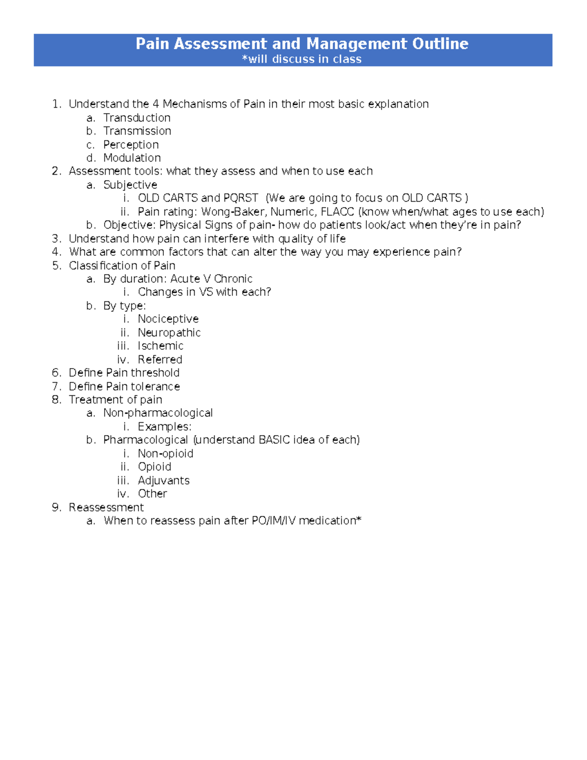 Pain Assessment & Management Outline for Class Discussion - Studocu